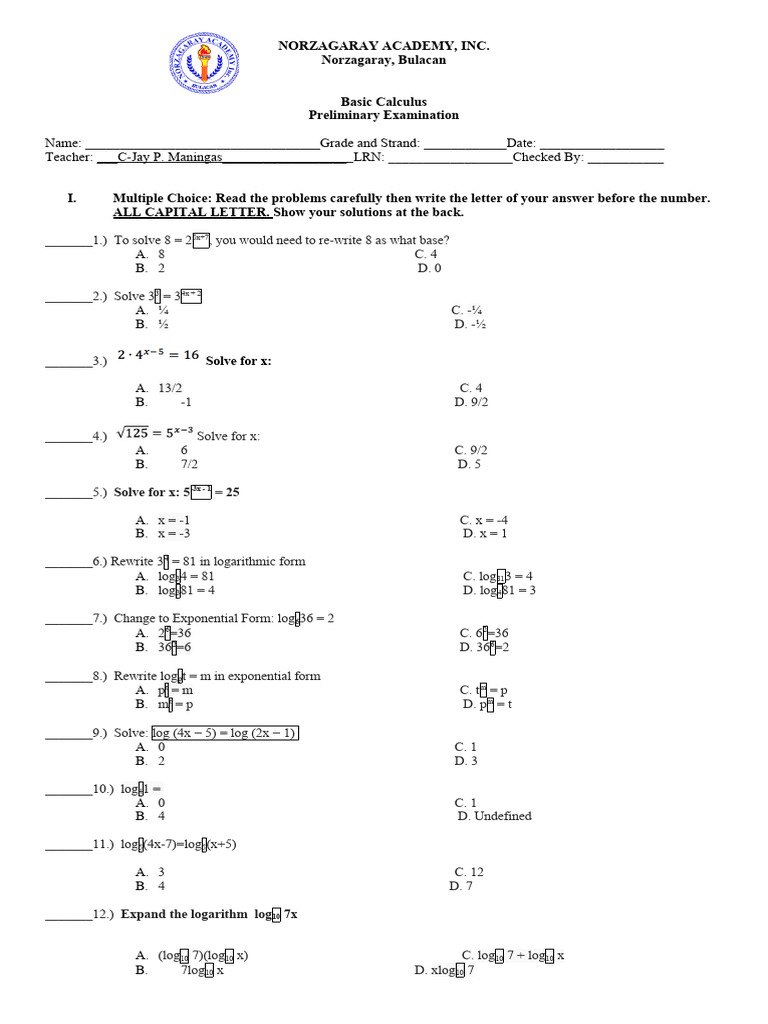 3RD Prelim Basic-Calculus-Final-Examination-1st | PDF | Logarithm | Complex Analysis