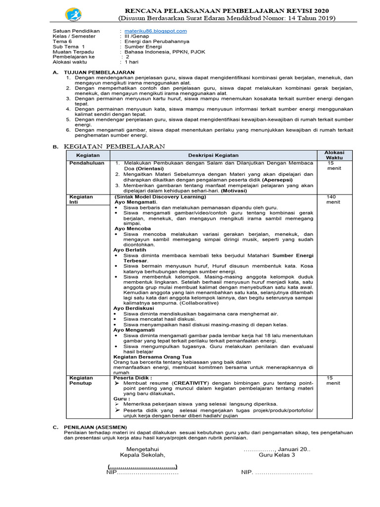 (Materiku86.blogspot - Com) RPP Kelas 3 Tema 6 Subtema 1 Pembelajaran 2 K13 Revisi 2020 | PDF