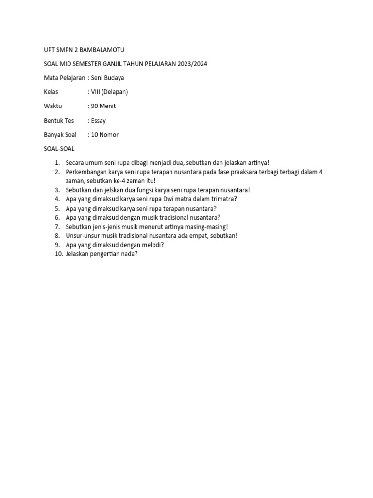 Upt SMPN 2 Bambalamotu | PDF | Metode & Bahan Ajar | Seni