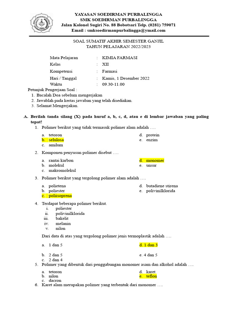 Soal Kimia Farmasi Kelas XII Semester Ganjil | PDF