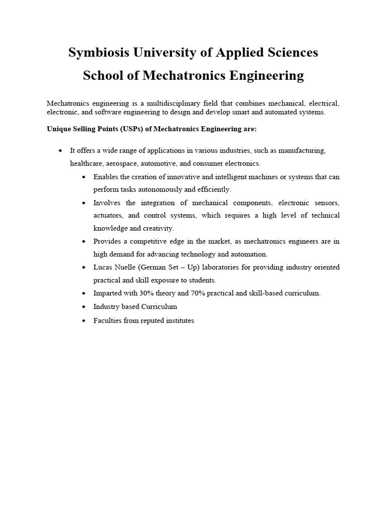 Usp of Mechatronics Engineering | PDF