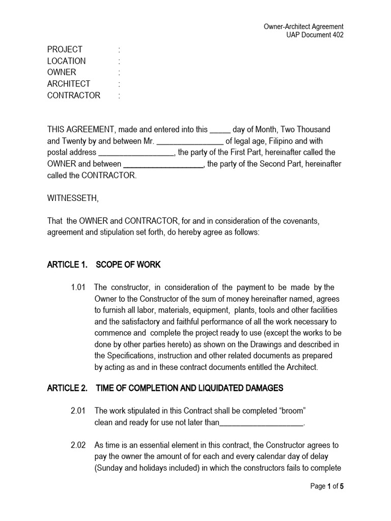Owner-Architect Contract Agreement | PDF | Architect | Common Law