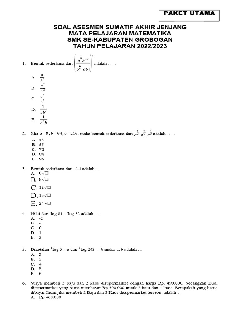 Soal Utama Asesmen Sumatif Akhir Jenjang Matematika 2023 | PDF