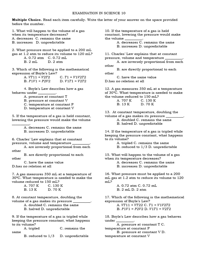 Examination in Science 10 | PDF | Gases | Chemical Reactions