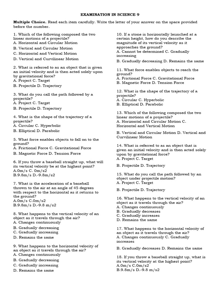 Examination in Science 9 | PDF | Momentum | Kinetic Energy
