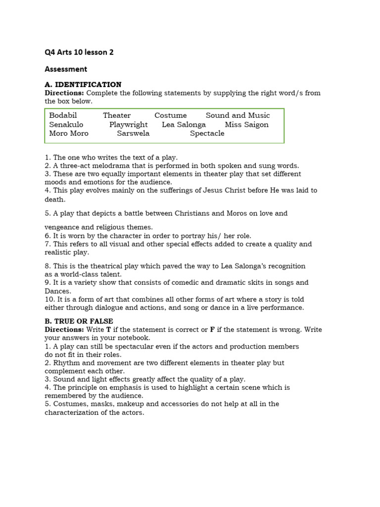 Q4 Arts 10 Lesson 2 Assessment | PDF