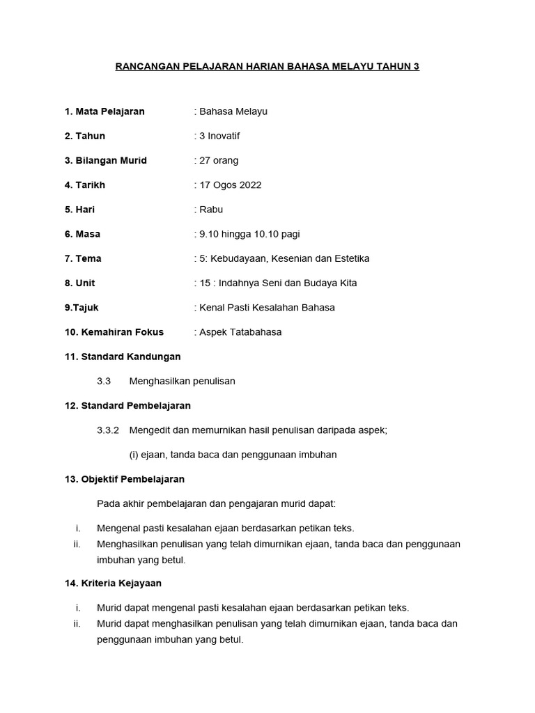 RPH BM Tahun 3 | PDF