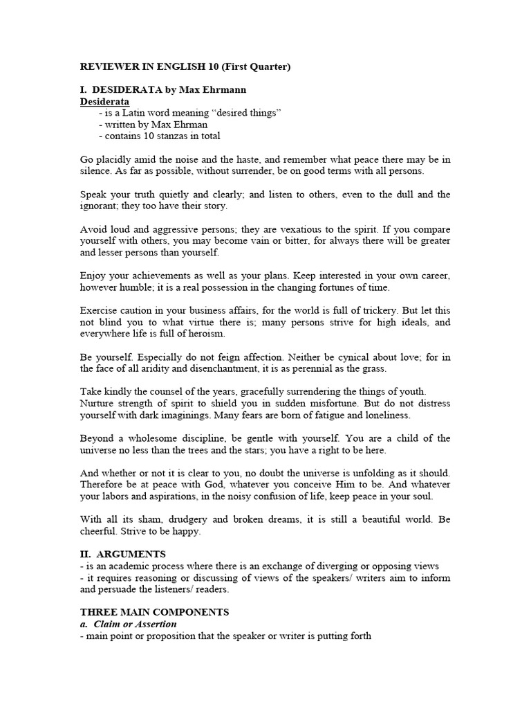 REVIEWER IN ENGLISH 10 First Quarter | PDF | Mental Health ...