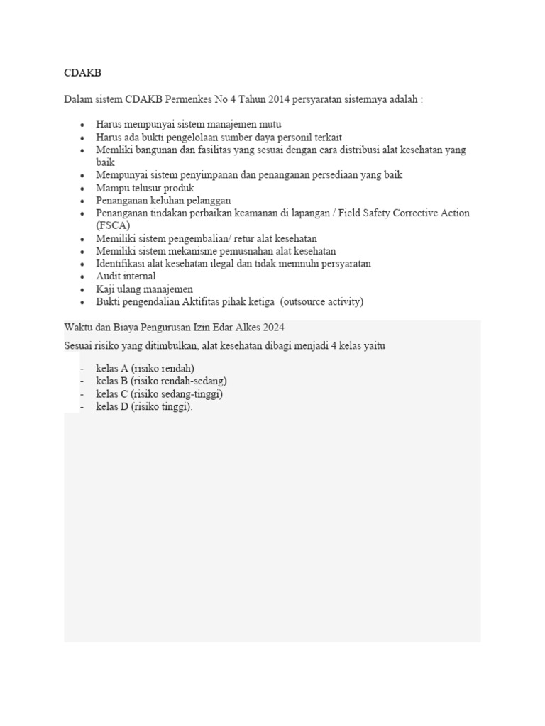 Cdakb: Waktu Dan Biaya Pengurusan Izin Edar Alkes 2024 | PDF