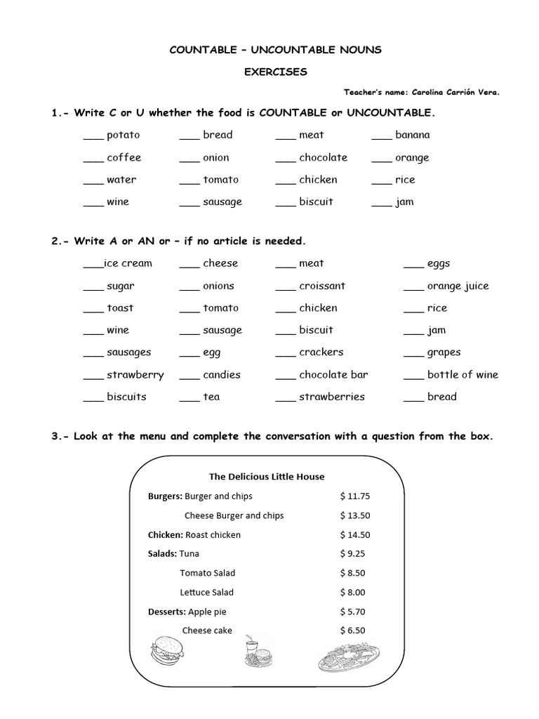 Countable Uncountable Worksheet | PDF | Hamburgers | Salad