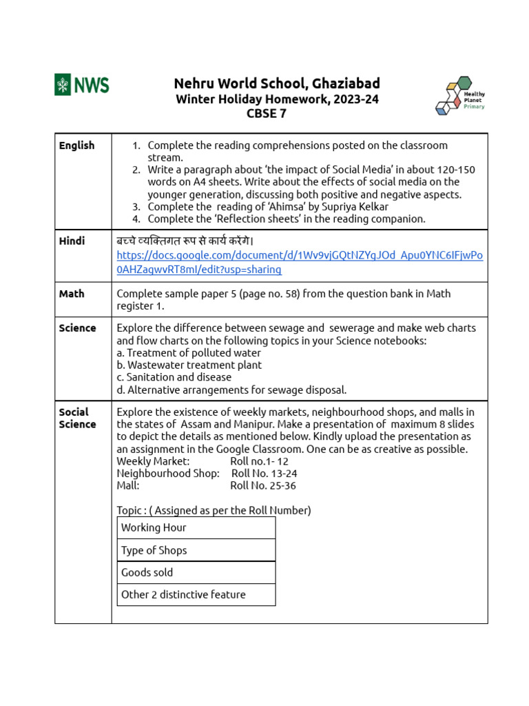 Nehru World School, Ghaziabad: Winter Holiday Homework, 2023-24 Cbse 7 ...