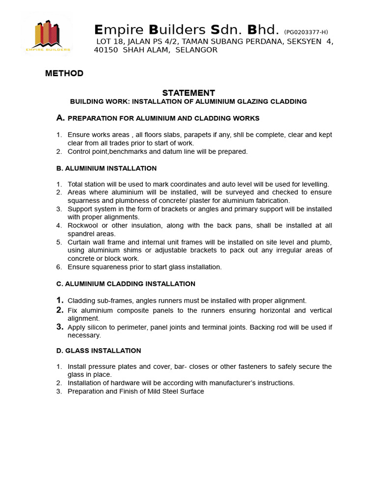 Method Statement Cladding Pdf Building Engineering Materials