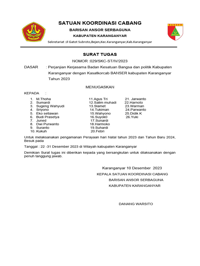 Surat Tugas Banser Pamkes 2024 | PDF Surat Tugas Banser Pamkes 2024 | PDF