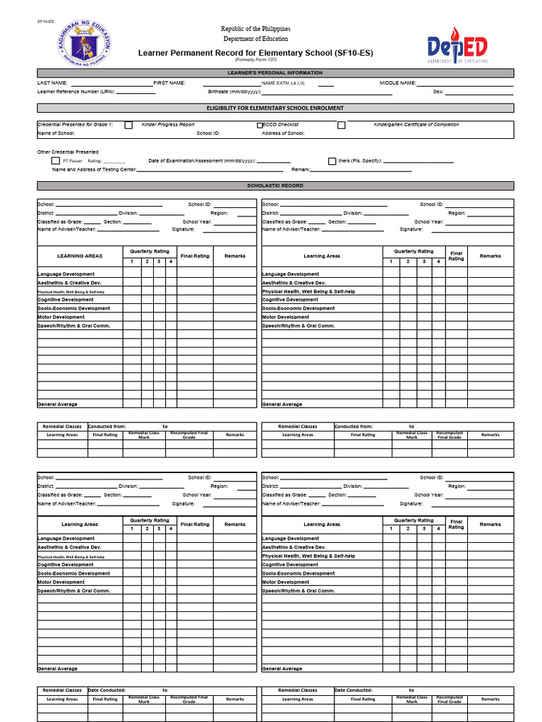 SF10 Learner's Permanent Academic Record ELEM | PDF