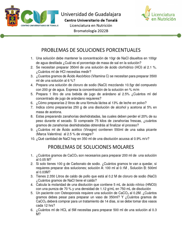 Problemas de Soluciones | Descargar gratis PDF | Ácido clorhídrico | Concentración