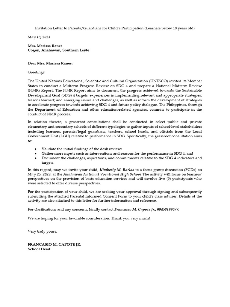 Annex 8 - Sample Invitation Letter To Parents and Guardians For Childs ...