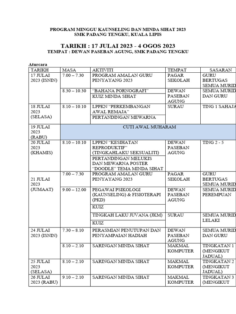 Tentatif Program Minggu Kaunseling Dan Minda Sihat 2023 | PDF Tentatif Program Minggu Kaunseling Dan Minda Sihat 2023 | PDF