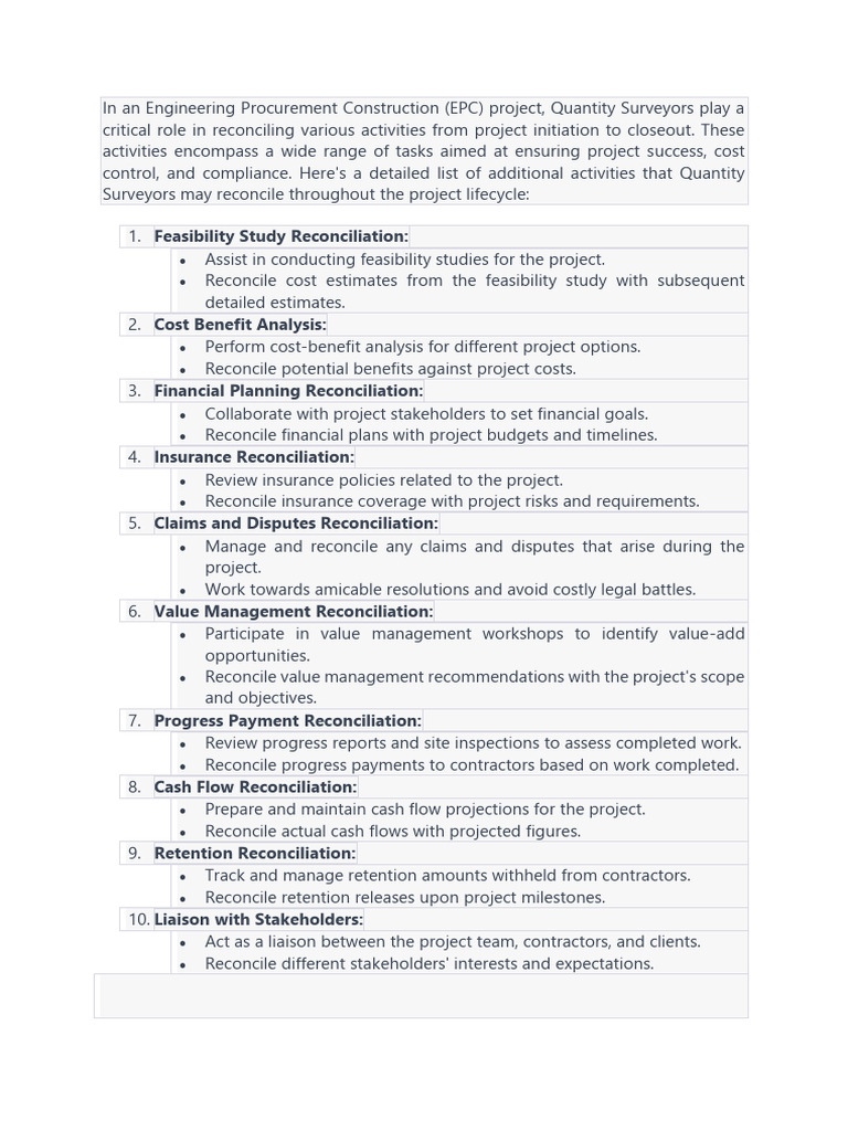 Reconciliation Activities of Qs in A Epc Project 1690632553 | PDF | Audit | Feasibility Study