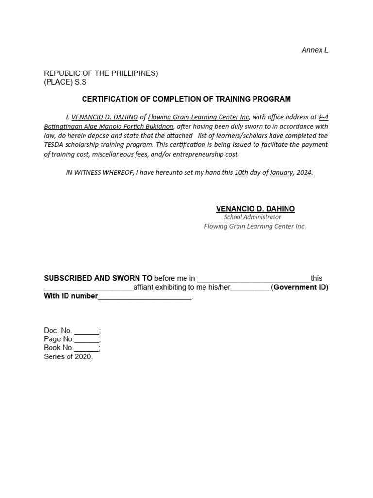 Annex L-CERTIFICATION OF COMPLETION OF TRAINING PROGRAM | PDF