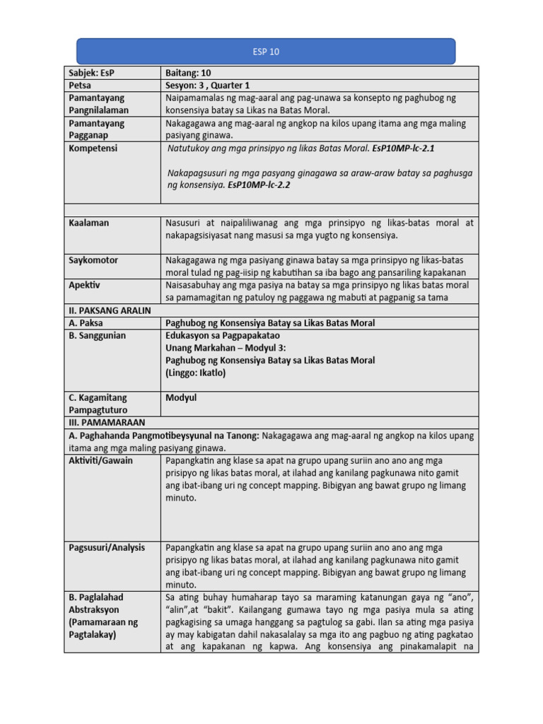 EsP10 Q1 Lesson-Plan3 Q1 | PDF