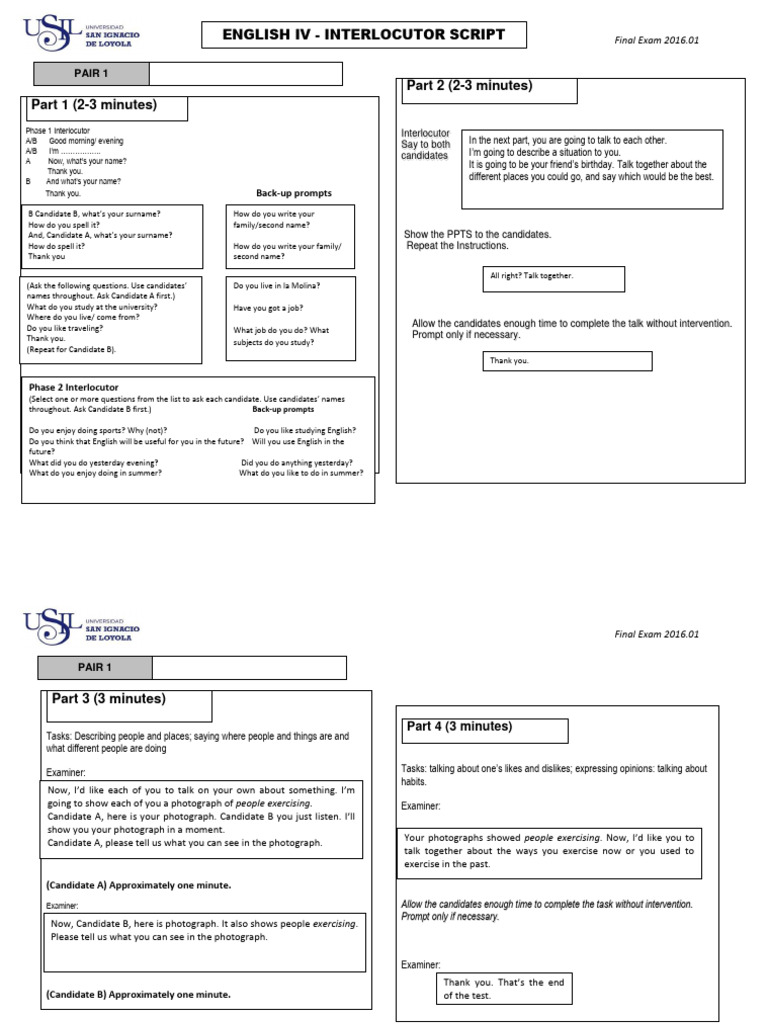 Final Oral Exam Interlocutor Script. | PDF | English Language