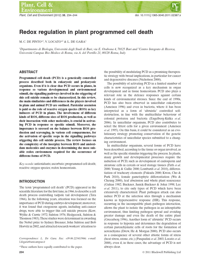 Plant Cell Environment - 2011 - DE PINTO - Redox Regulation in Plant ...