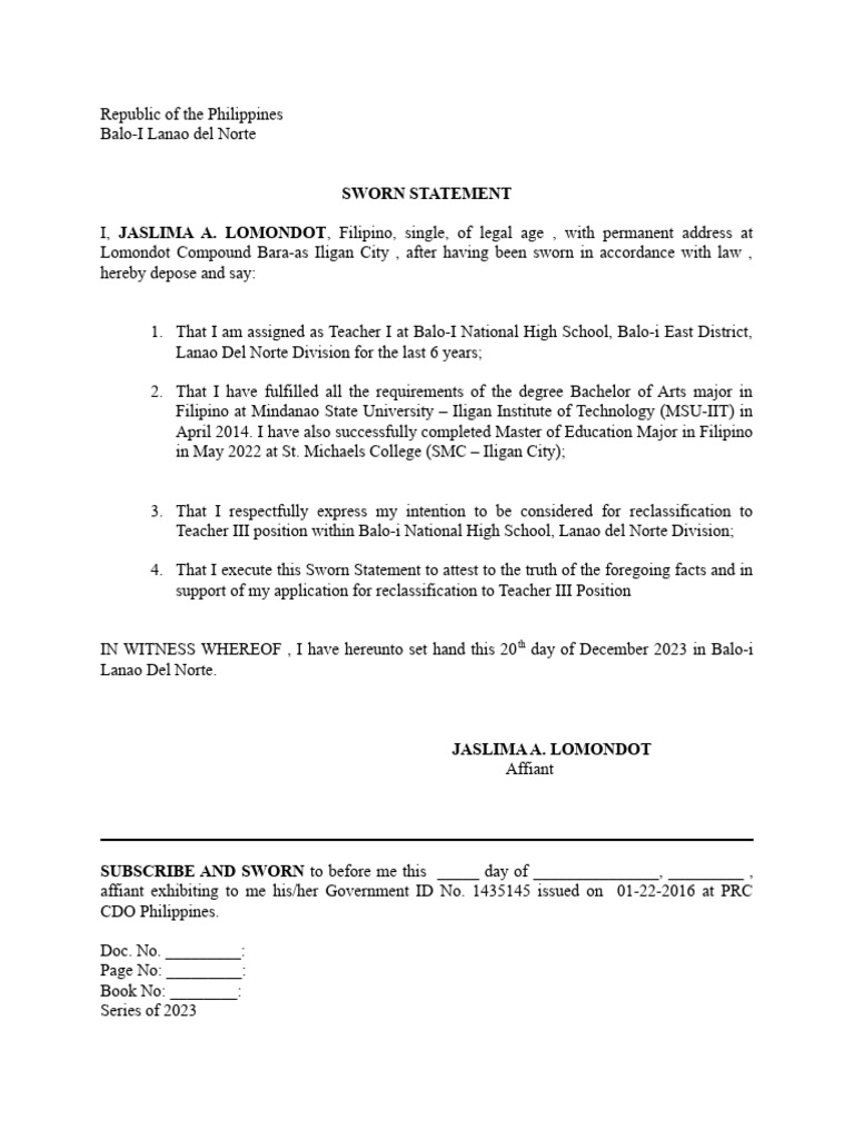 Sworn Statement | PDF