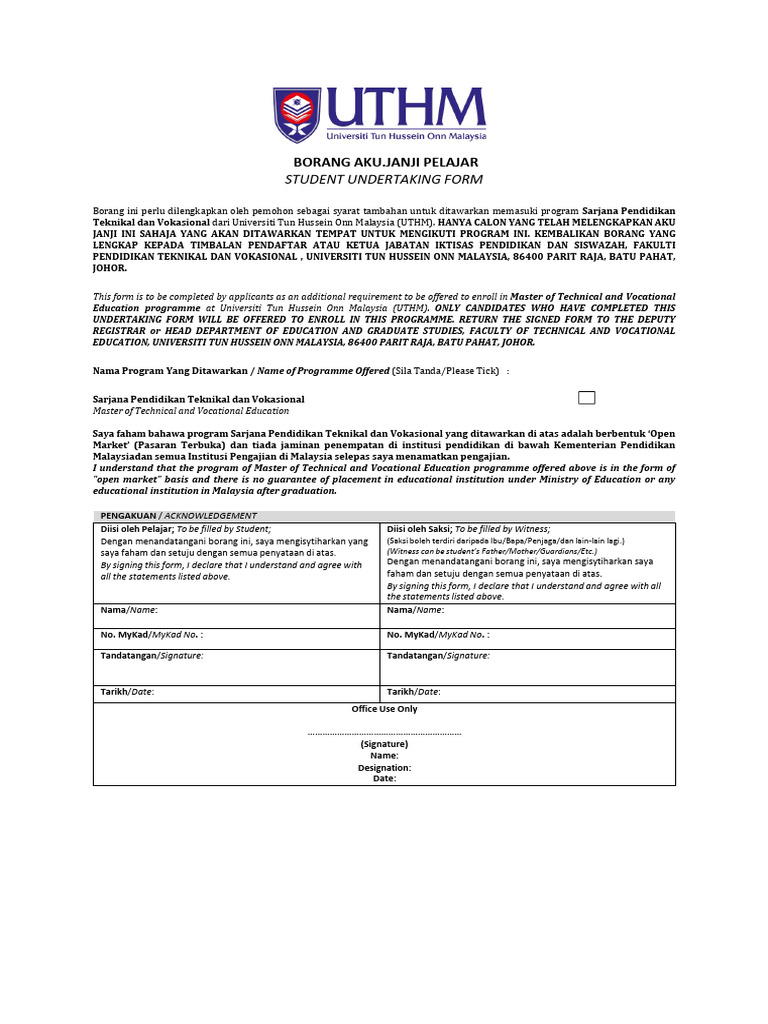 Borang Aku Janji Sarjana UTHM | PDF | Karier & Perkembangan