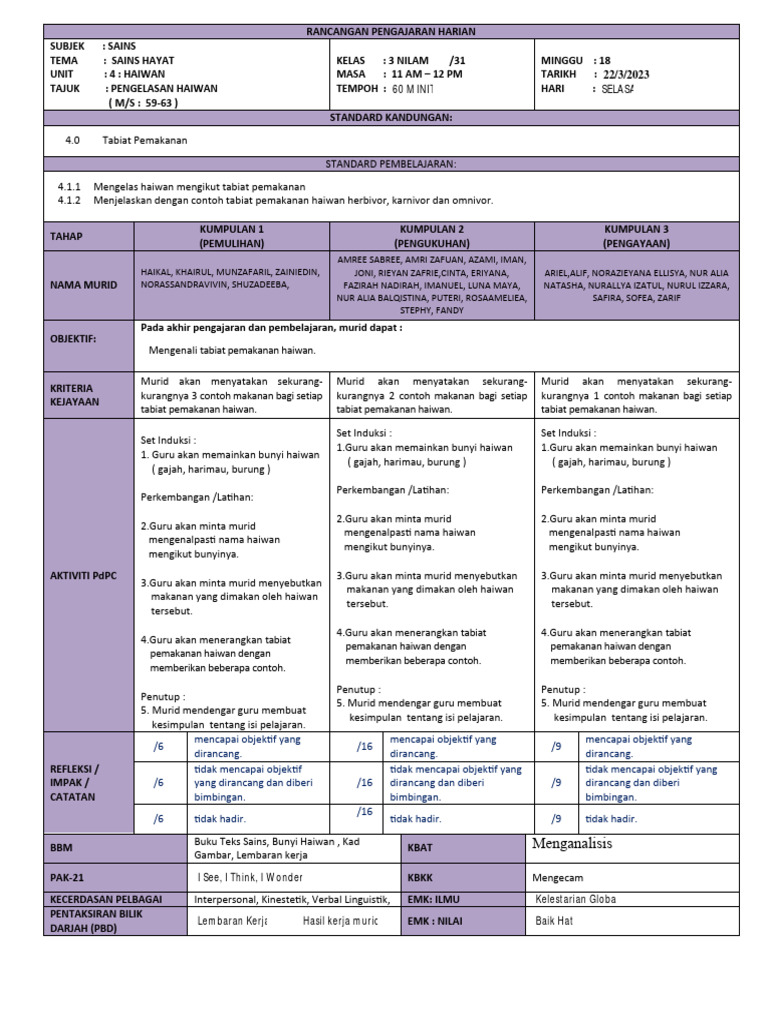 Contoh RPH Sains Tahun 3 | PDF