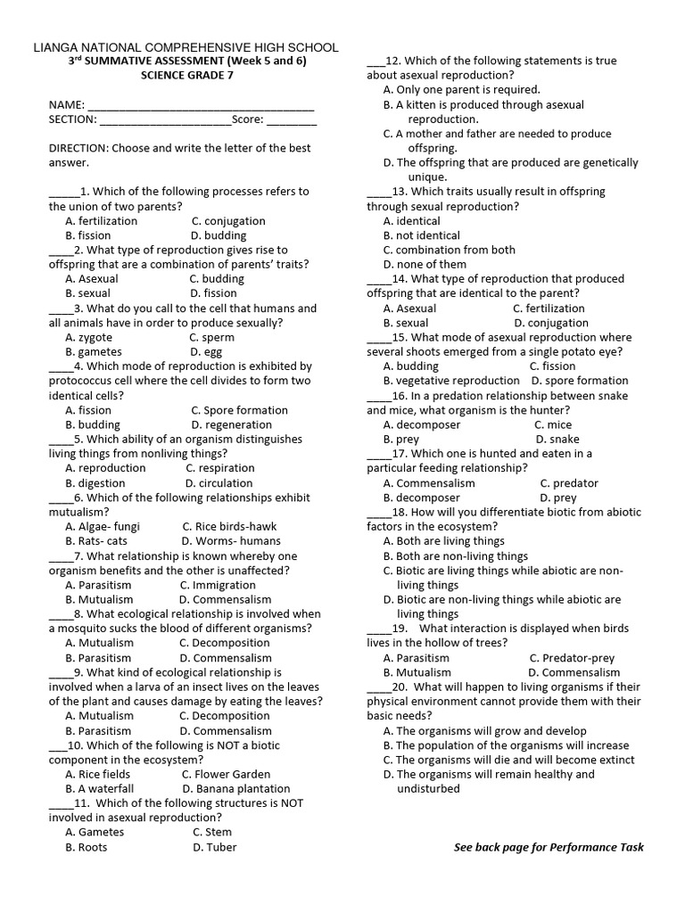 Grade 7 Science Assessment | PDF | Sexual Reproduction | Ecosystem