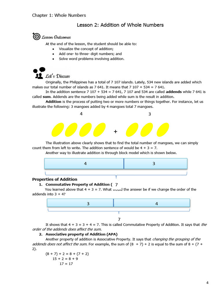 Chapter 1 Lesson 2 Addition of Whole Numbers | PDF | Cognitive Science ...