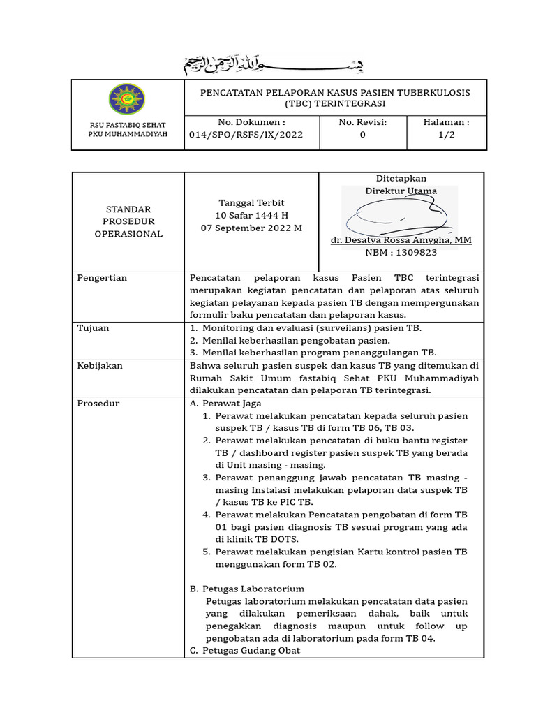 Spo Pencatatan Pelaporan Kasus Pasien Tuberkulosis (TBC) Terintegrasi ...