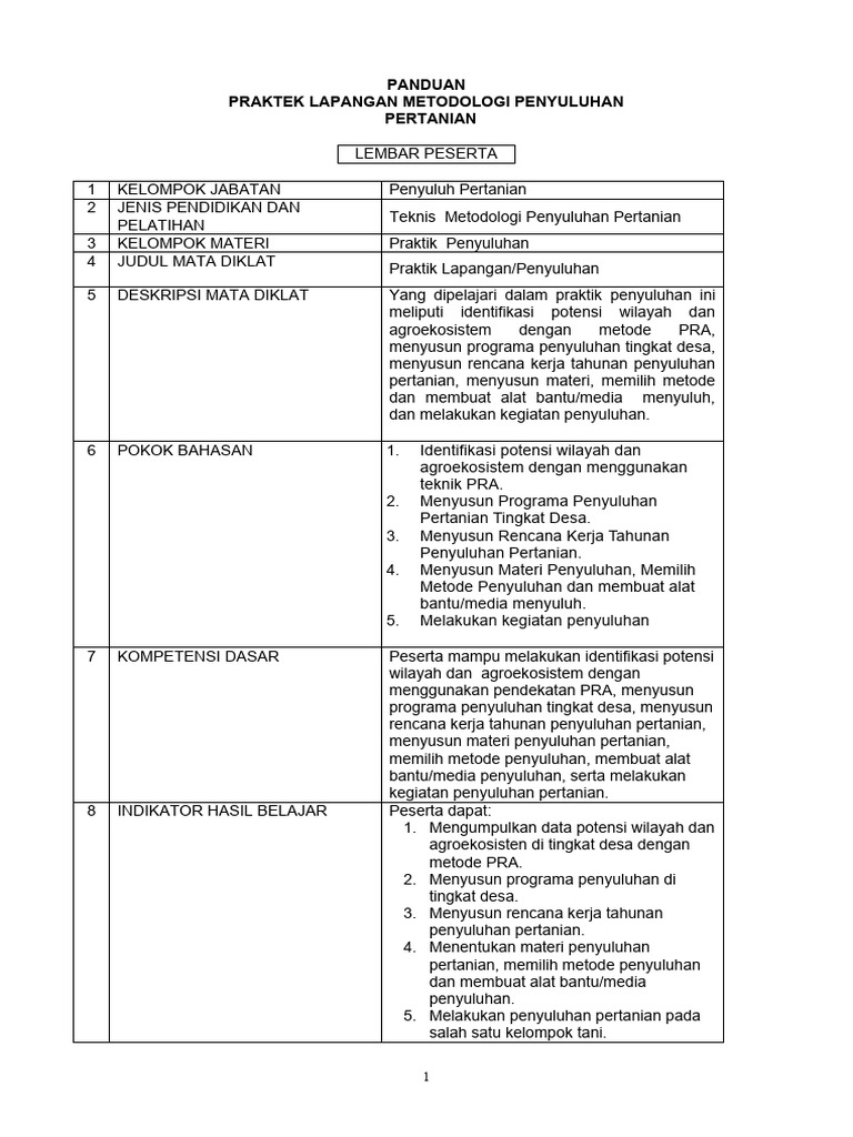 Modul Praktek Lapangan Pelatihan Metodologi Penyuluhan | PDF