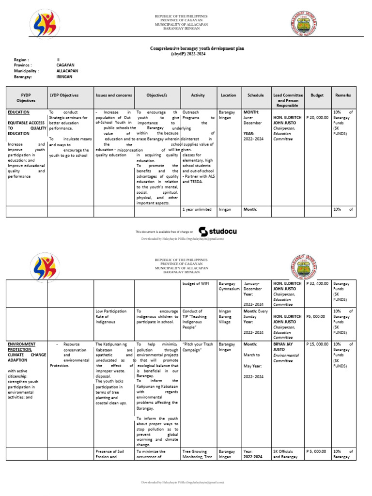 Barangay Iringan Youth Development Plan 2022-2024 | PDF