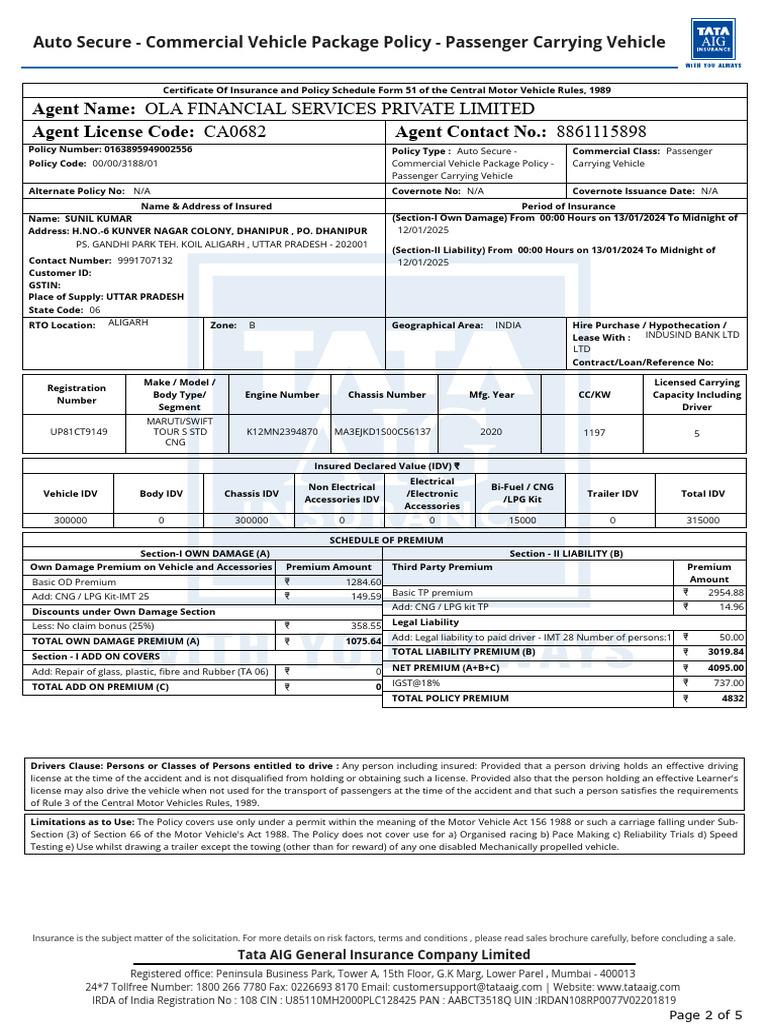 Tata AIG Motor | PDF | Insurance | Deductible