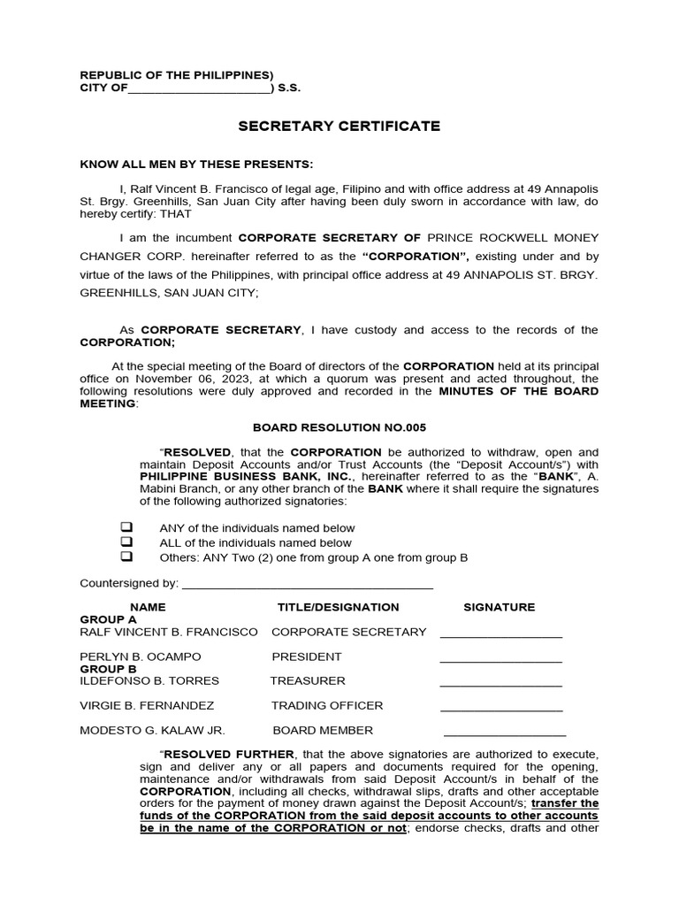 Secretary's Certificate-Format PBB PRMC | PDF | Banks | Finance & Money Management