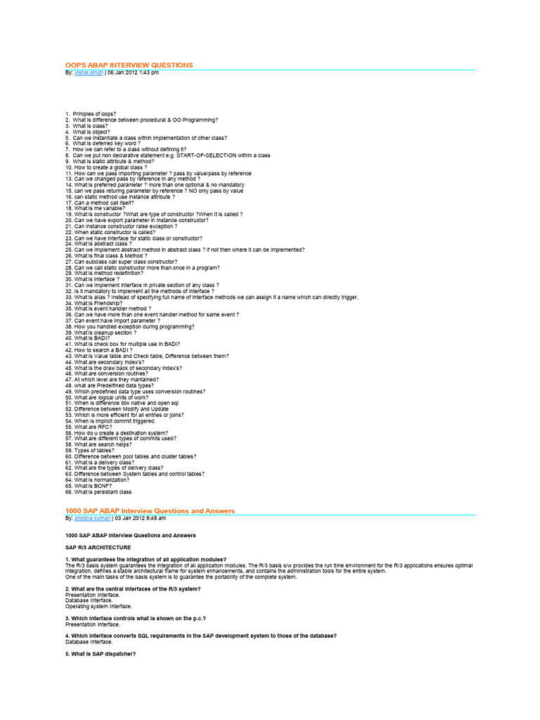 Oops Abap Interview Questions Pdf Method Computer Programming