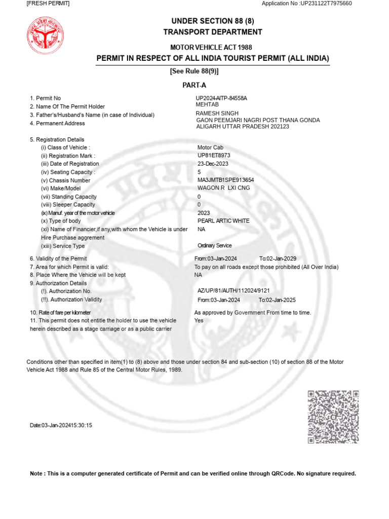 PERMIT UP Abhesh | PDF | Land Vehicles | Motor Vehicle