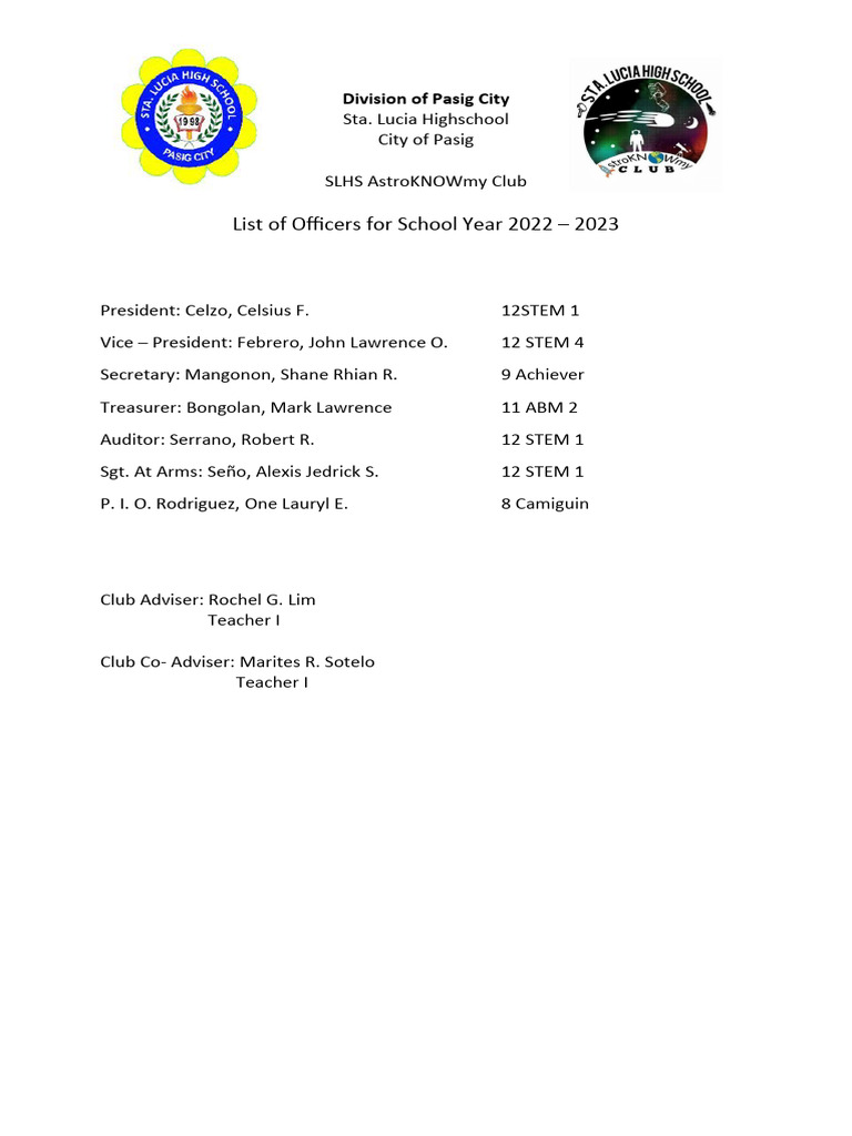 SLHS AstroKNOWmy Club Officers 2022-2023 | PDF