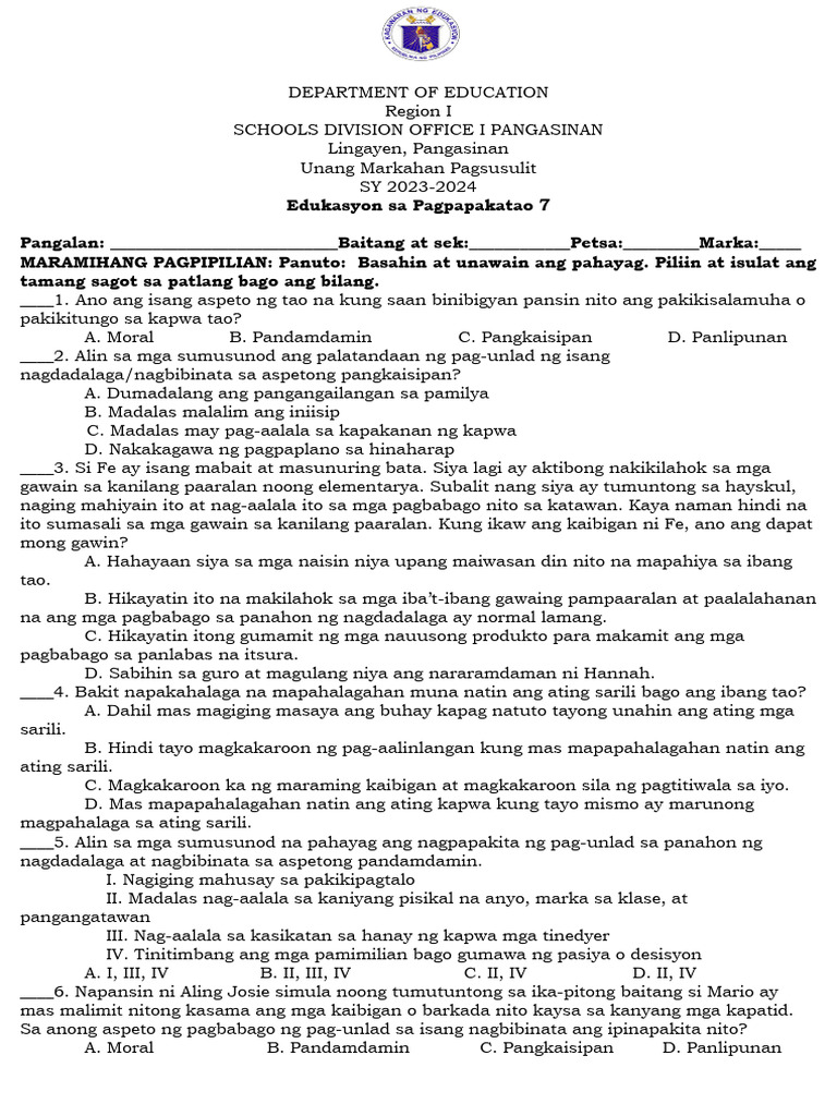 ESP 7 Exam 1st Quarter | PDF