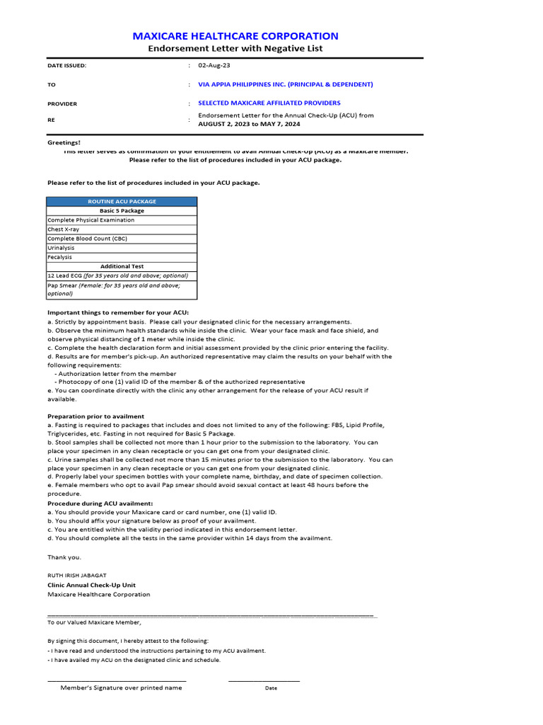Maxicare ACU Package Endorsement Letter | PDF | Physical Examination ...