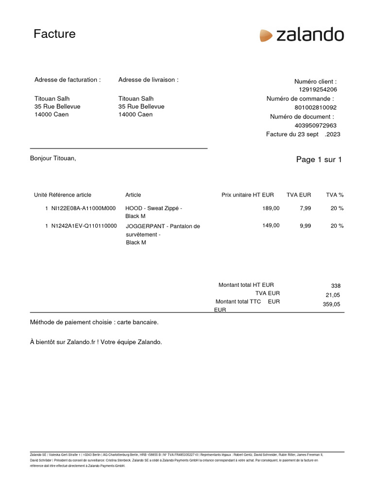 Facture Zalando - 23 septembre 2023 | PDF | Facture | Impôts