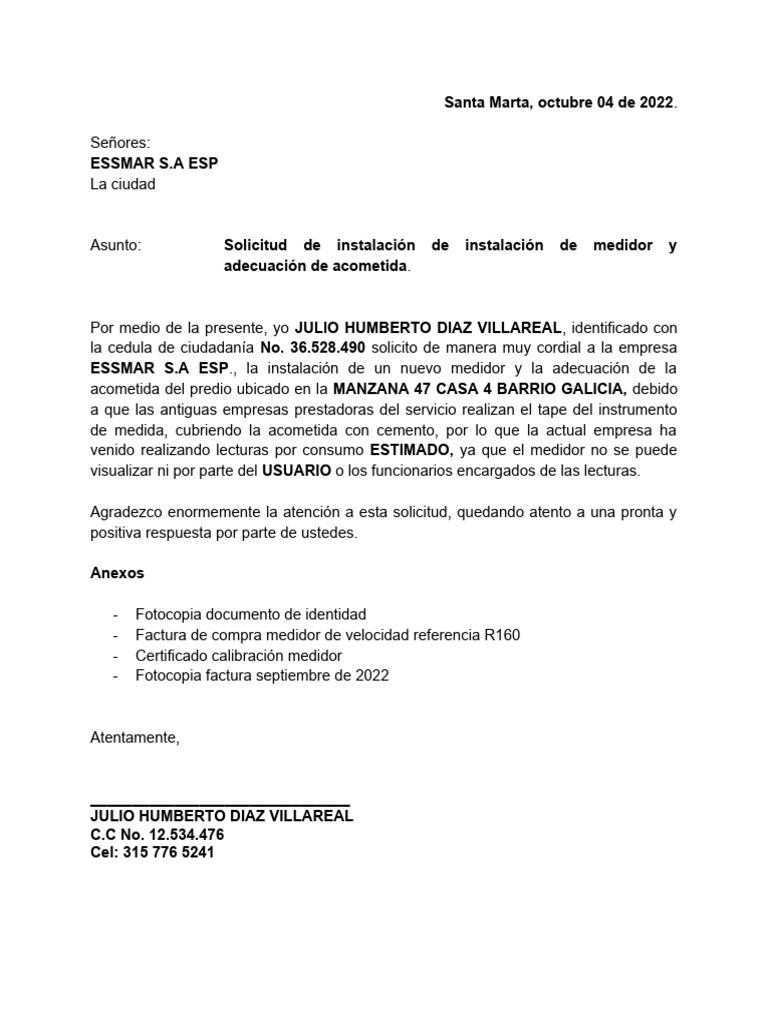 Carta Solicitud Instalacion Medidor Essmar - Julio Humberto Diaz Villareal | PDF