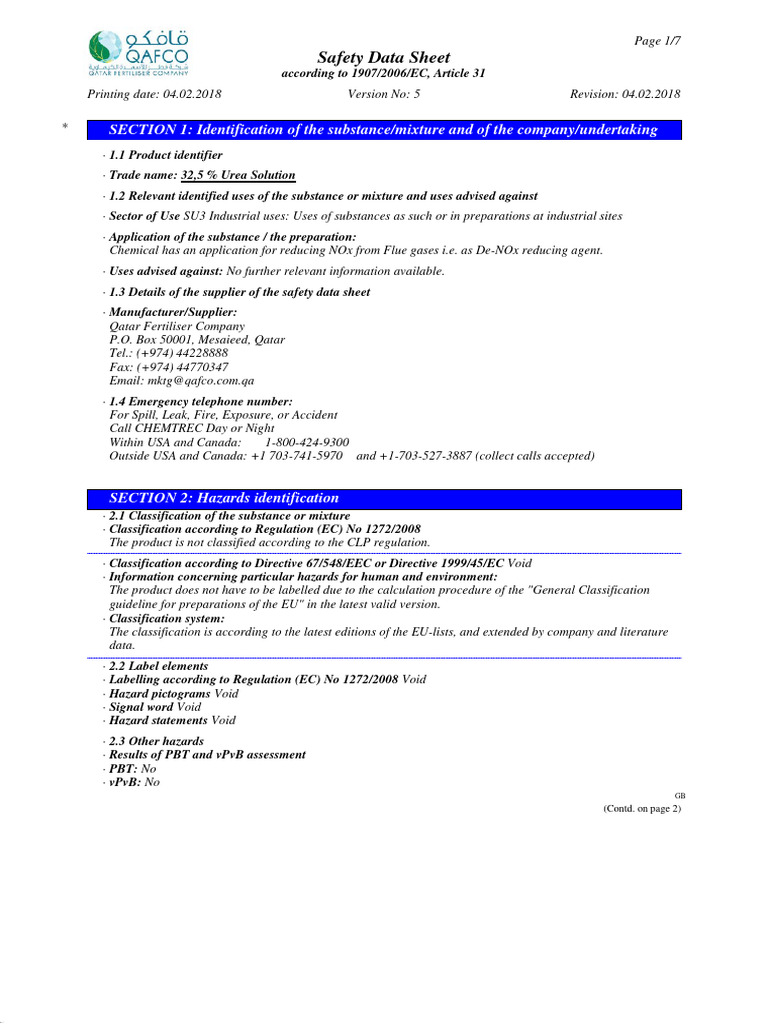 SDS 32,5 Urea Solution (GB) v5 | Download Free PDF | Dangerous Goods ...