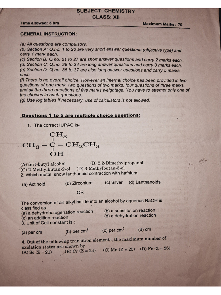 Chemistry Class 12 Questions | PDF