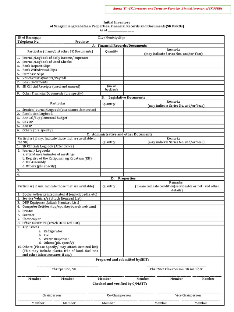 SK Inventory and Turnover Form No. 1 Initial Inventory of SK PFRDs ...