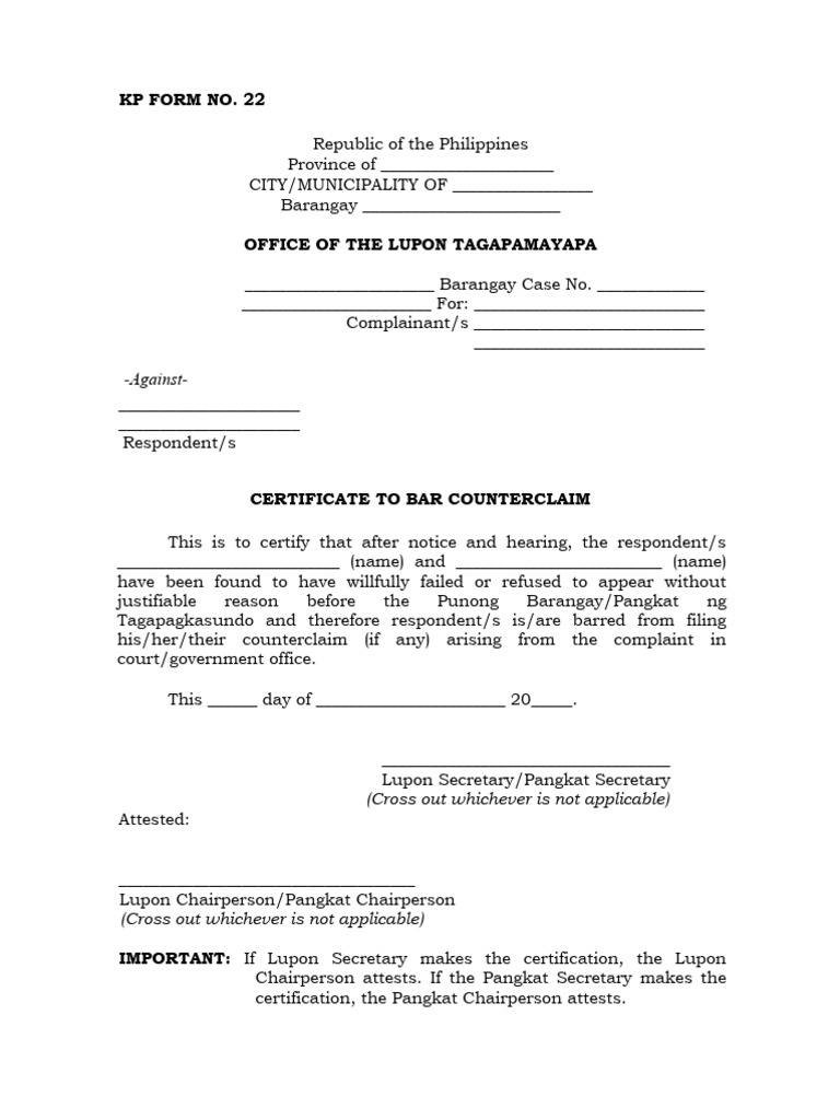 Certificate to Bar Counterclaim Form 22 | PDF