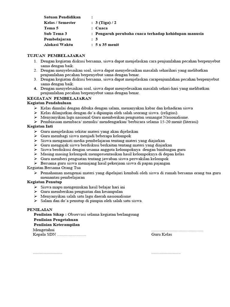 RPP 1 Lembar Kelas 3 Tema 5 Subtema 3 Pembelajaran 3 | PDF | Karier & Perkembangan | Seni ...