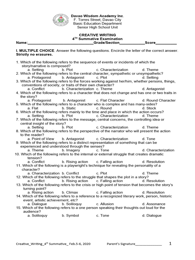 Toaz - Info Creative Writing 4th Summative PR | PDF | Narration | Plot (Narrative)