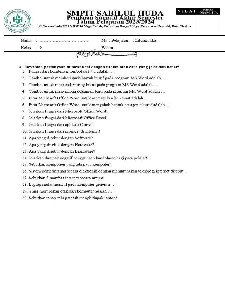 PSAS 1 Informatika Kelas 9 TP 2023-2024 | PDF
